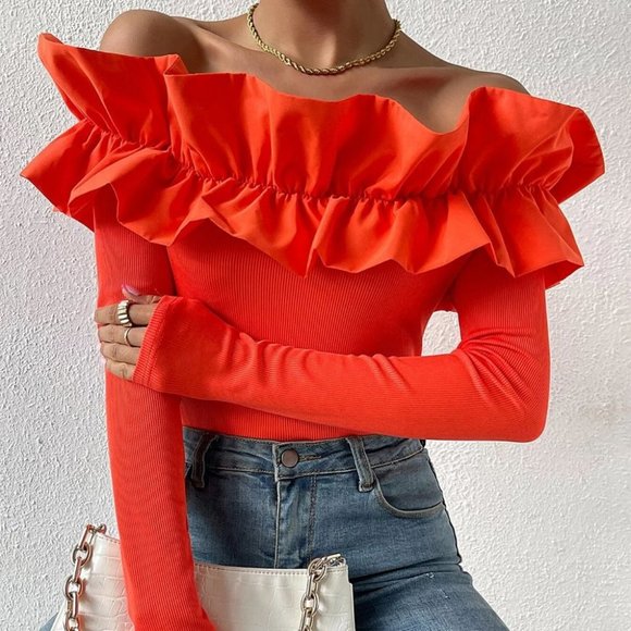 Tops | Orange Preppy Womens Off Shoulder Blouse Top | Poshmark